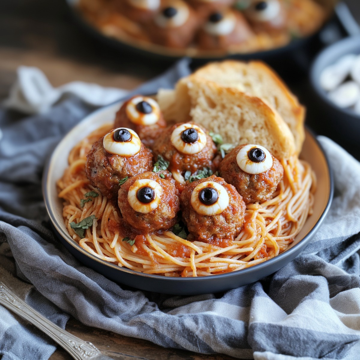 Halloween Spaghetti and Meatballs with Eyes | Baked by Claire
